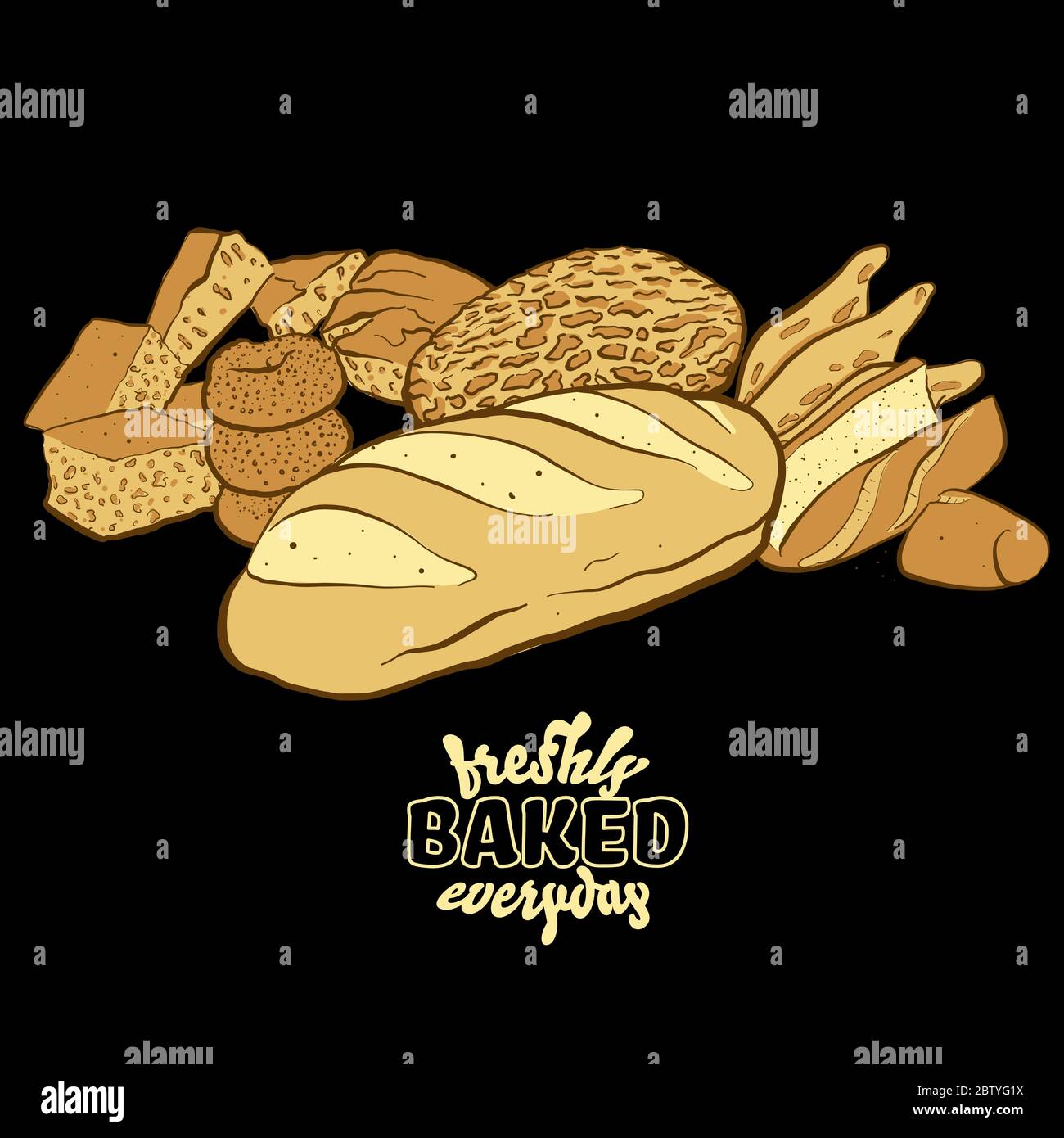 Freshly baked everyday lettering with various bread types illustration ...