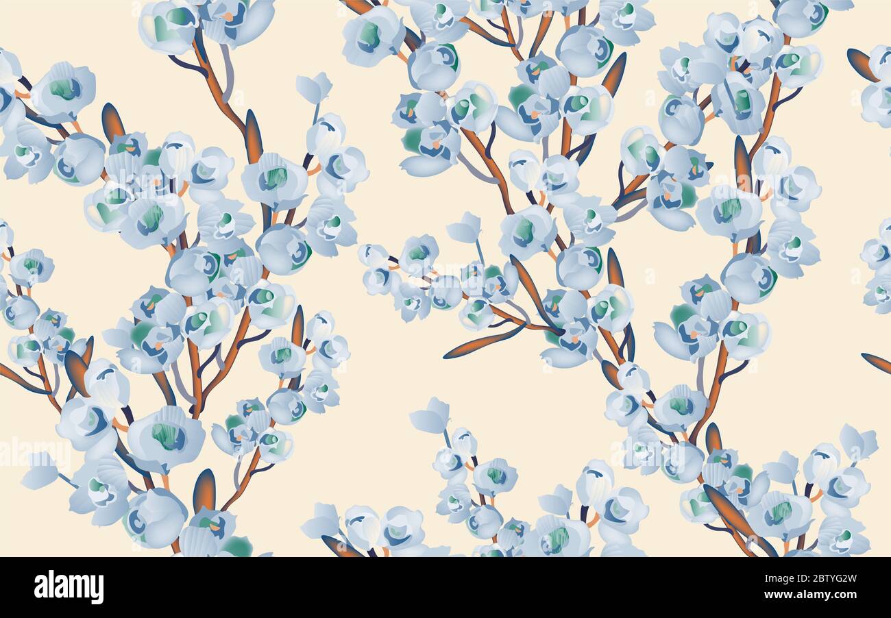 Delicate light blue flowers on a tree branch, petals and inflorescences ...