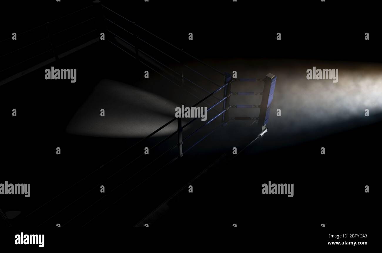 A dramatic closeup of a dimly spotlit corner of a boxing ring ...