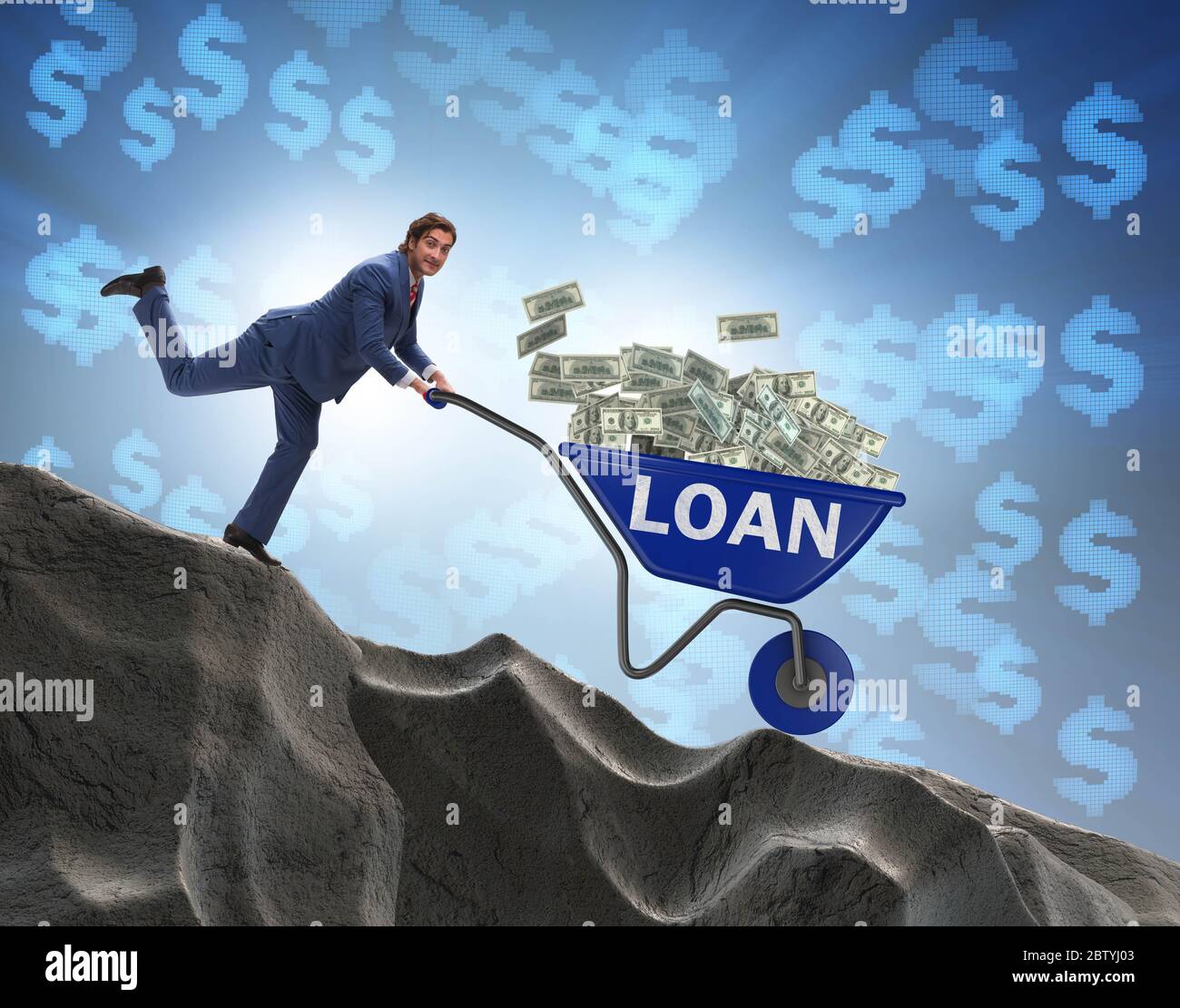 The businessman pushing wheelbarrow with dollars downhill Stock Photo ...