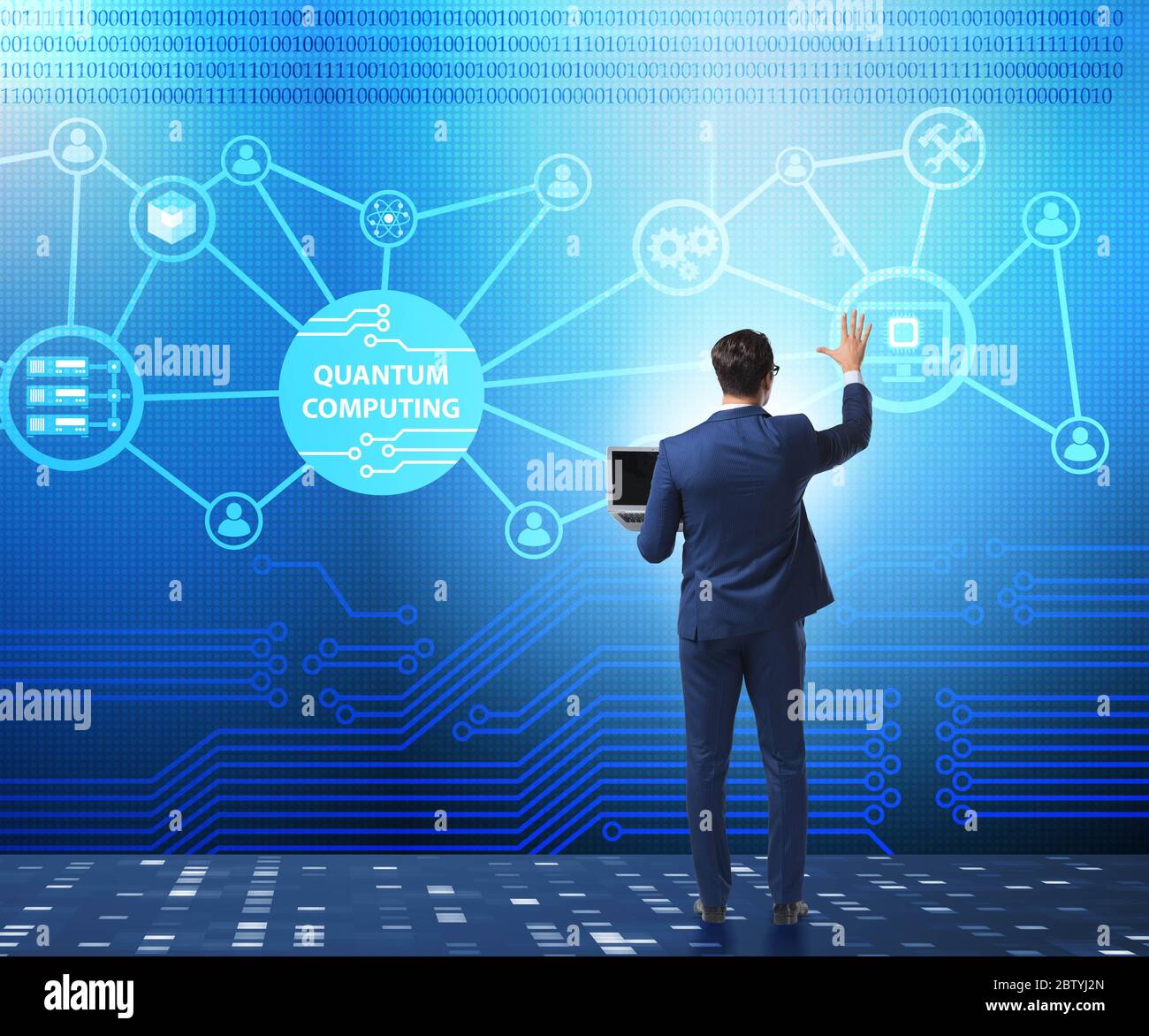The businessman pressing virtual button in quantum computing concept Stock Photo - Alamy