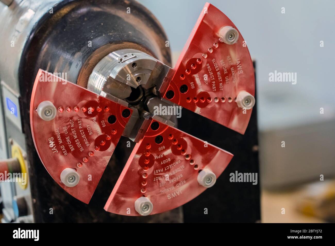 SHANGHAI, CHINA - NOVEMBER 24, 2018. Installed red parts of jaw grip at ...