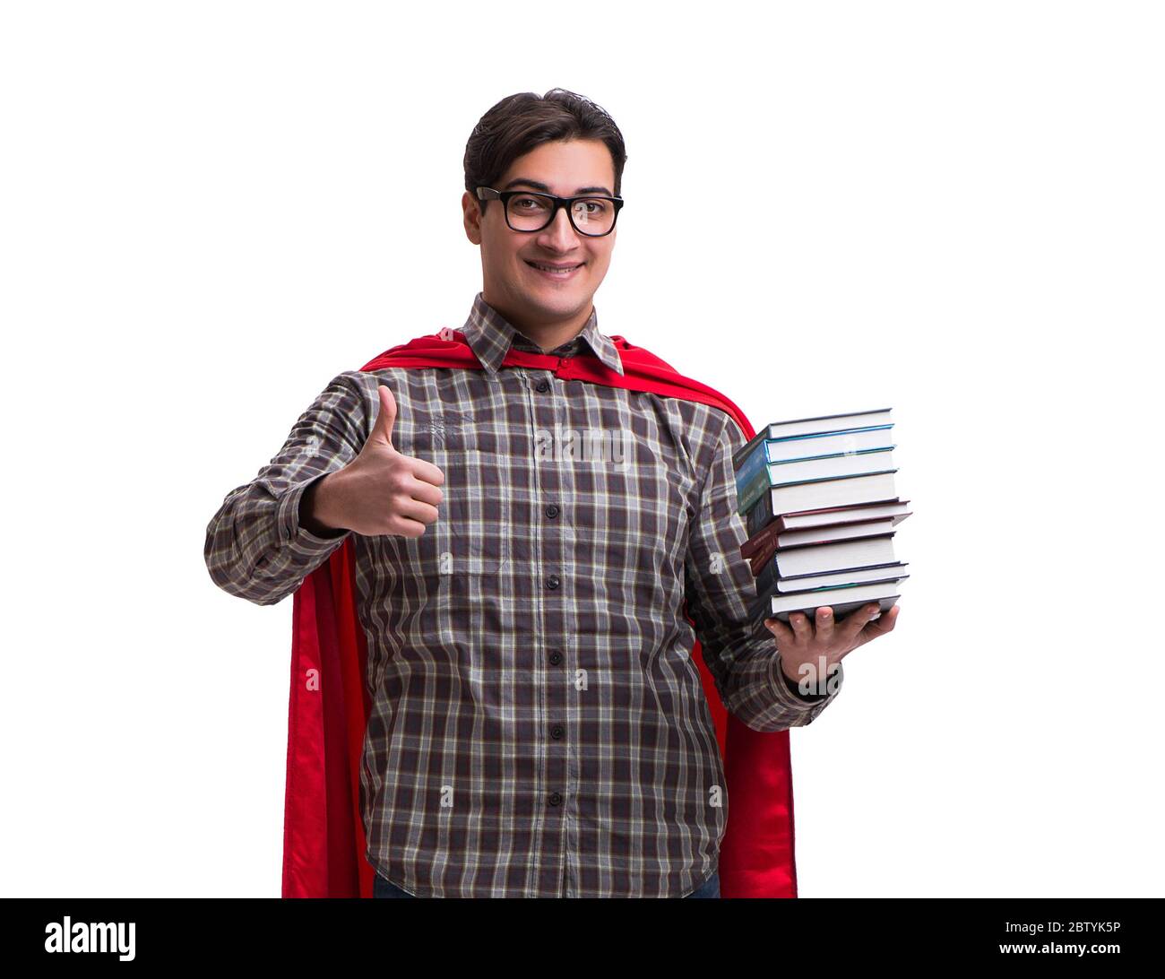 The super hero student with books isolated on white Stock Photo - Alamy