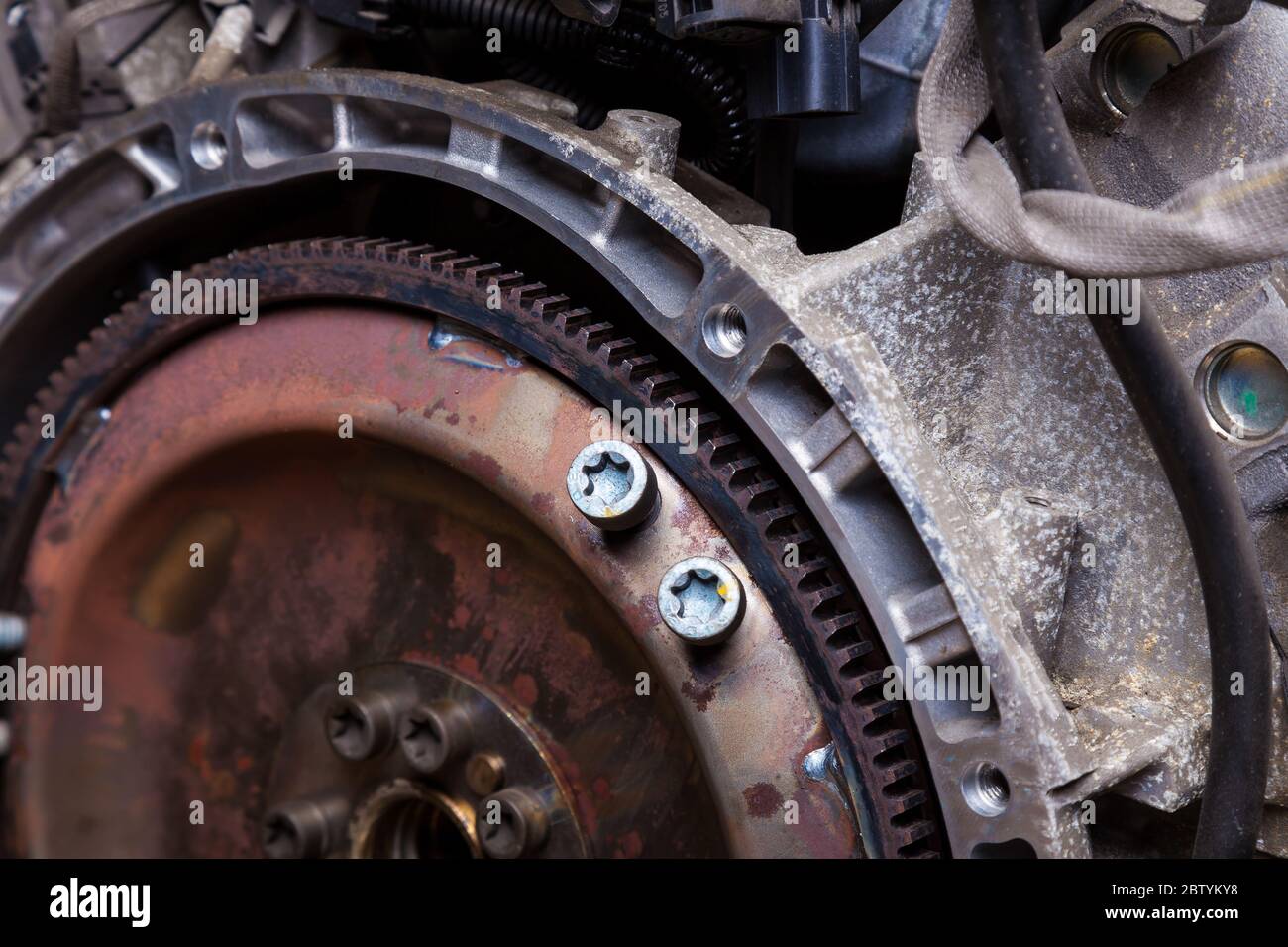 Close-up of a metal old clutch disc of an automatic transmission of a ...