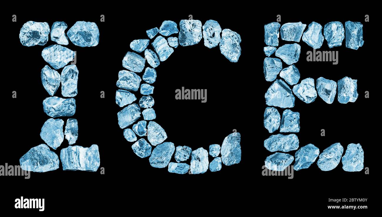 Word ICE made of blue crushed ice cubes on black background isolated ...