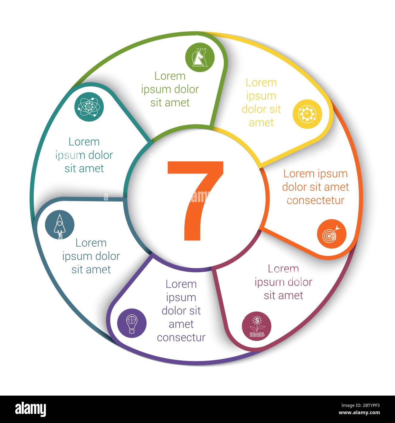 Pie chart. Modern infographic template for 7 positions. Shadow, white ...