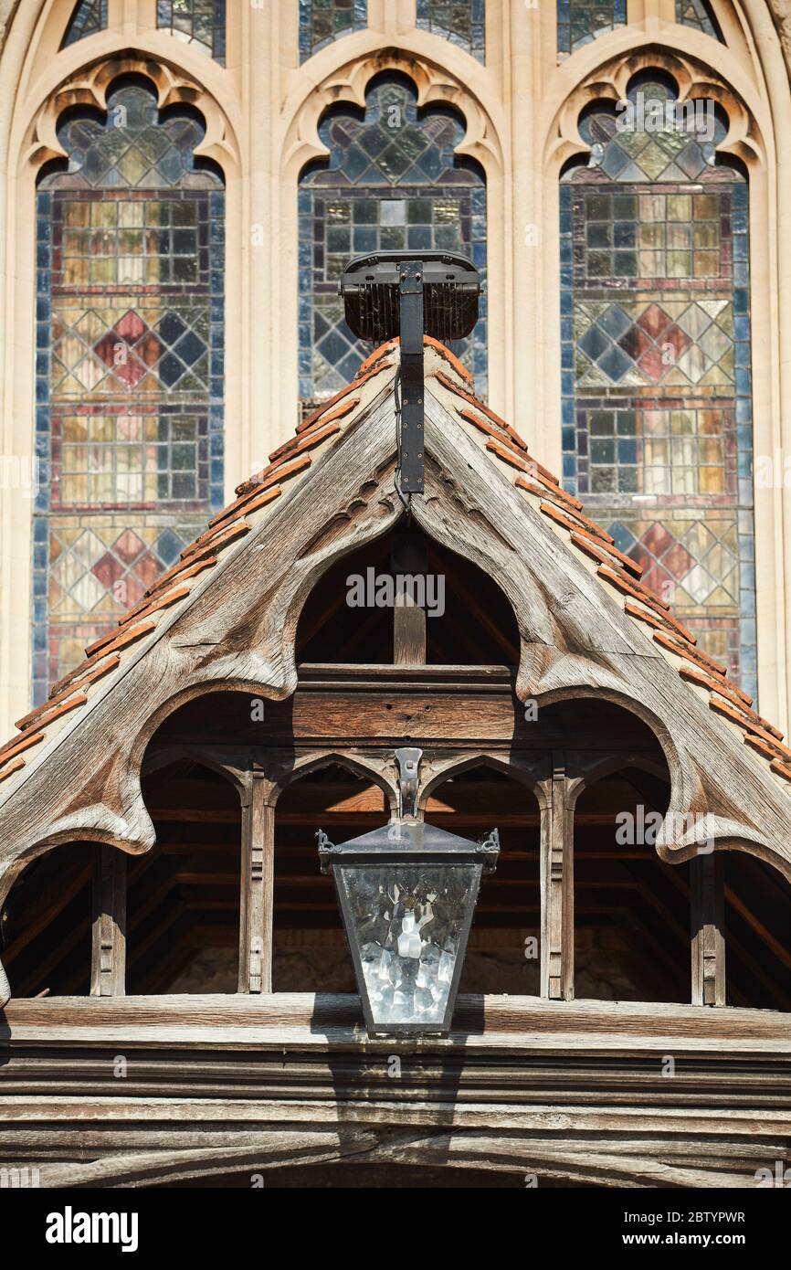 Detail of Church of St Lawrence in Chobham village, Surrey, England, UK ...