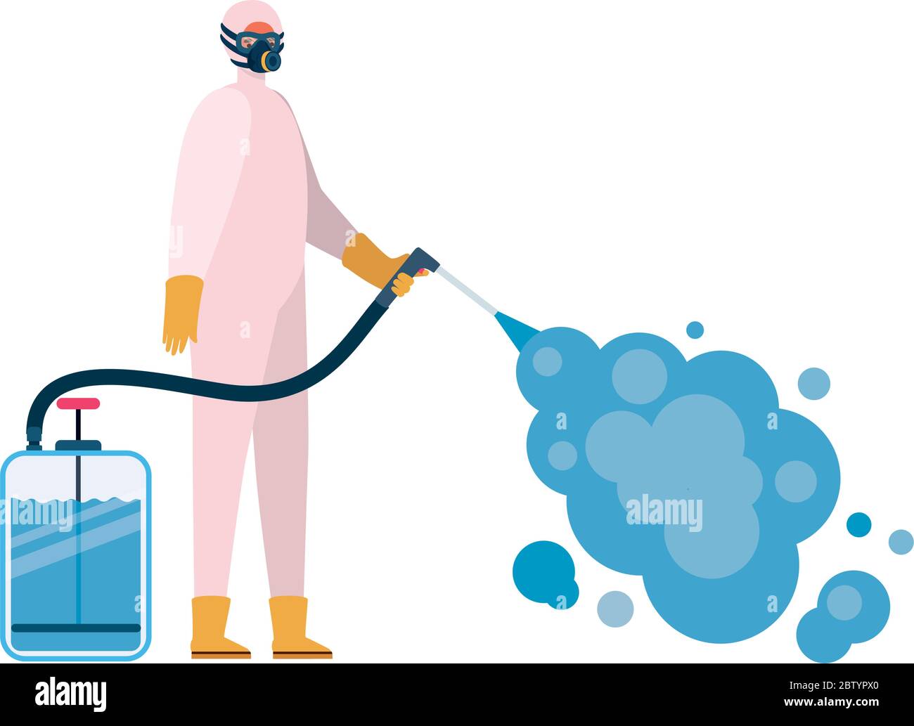 Man with protective suit holding pulverizer spray bottle with smoke ...