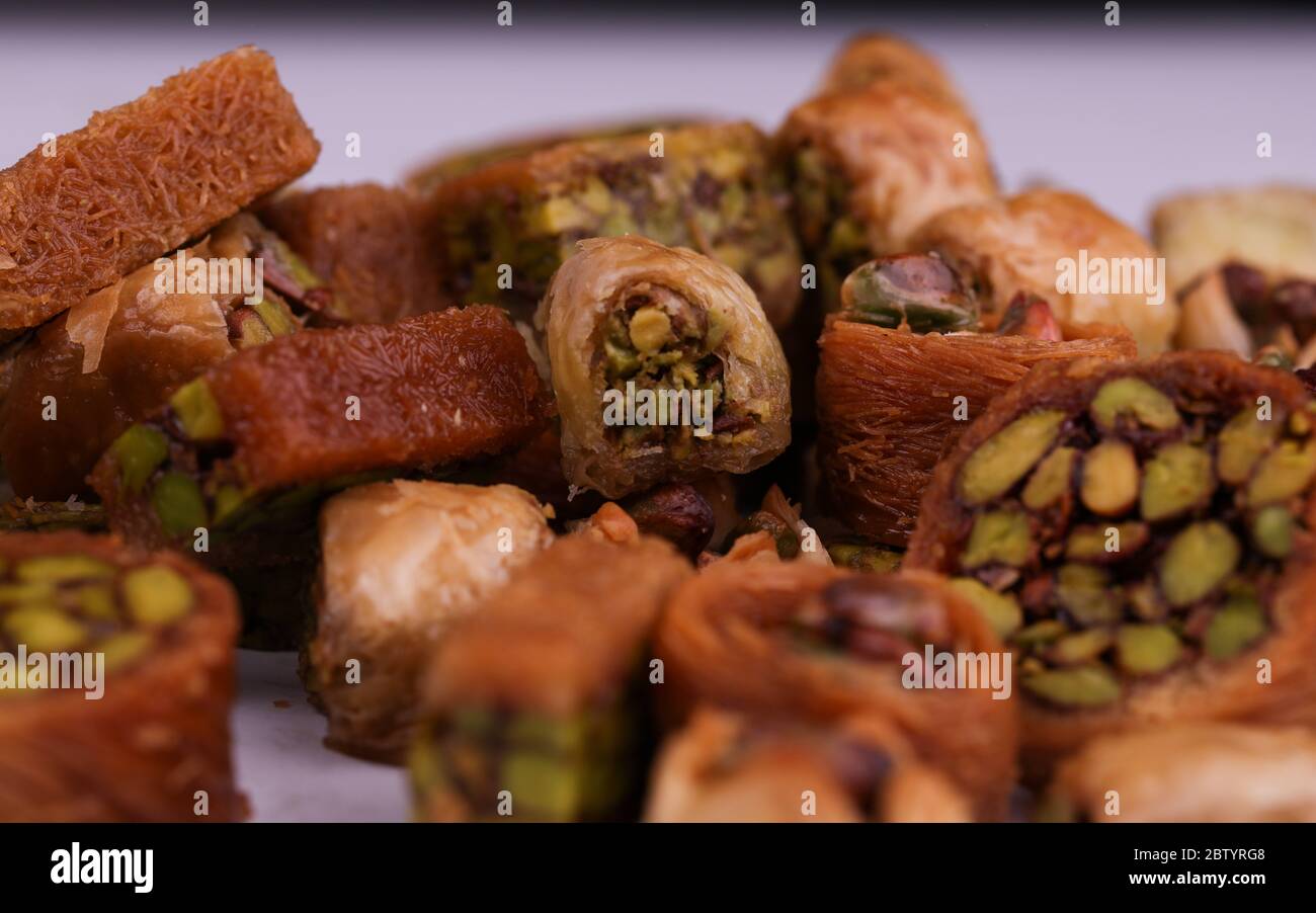 October 20, 2019: A tray of sweet Syrian pastries. Pastry desserts are ...