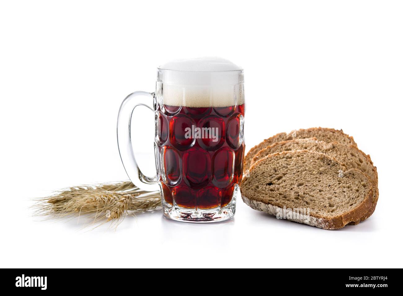 Traditional kvass beer mug with rye bread isolated on white background ...