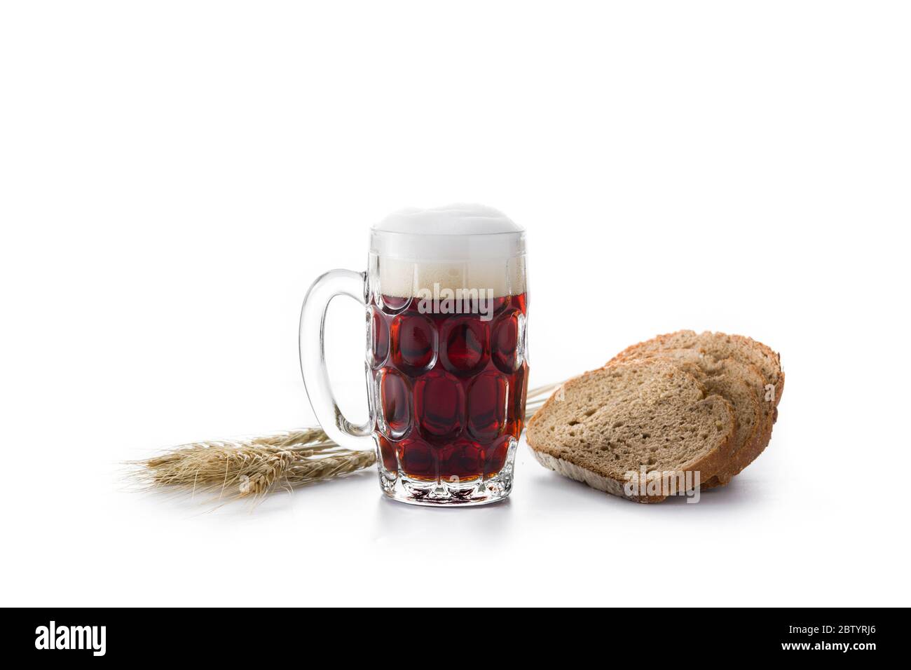 Traditional kvass beer mug with rye bread isolated on white background ...