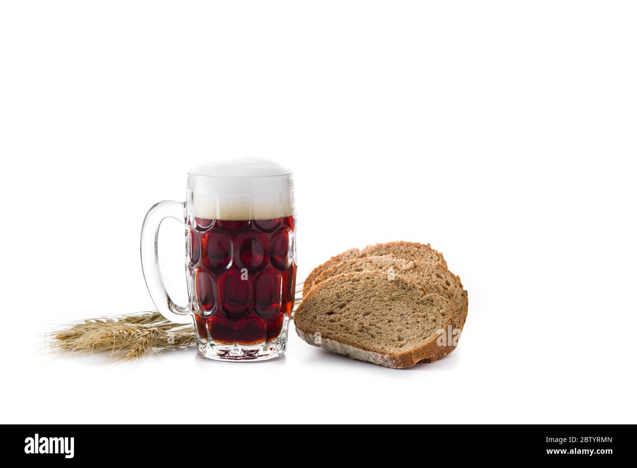 Traditional kvass beer mug with rye bread isolated on white background ...