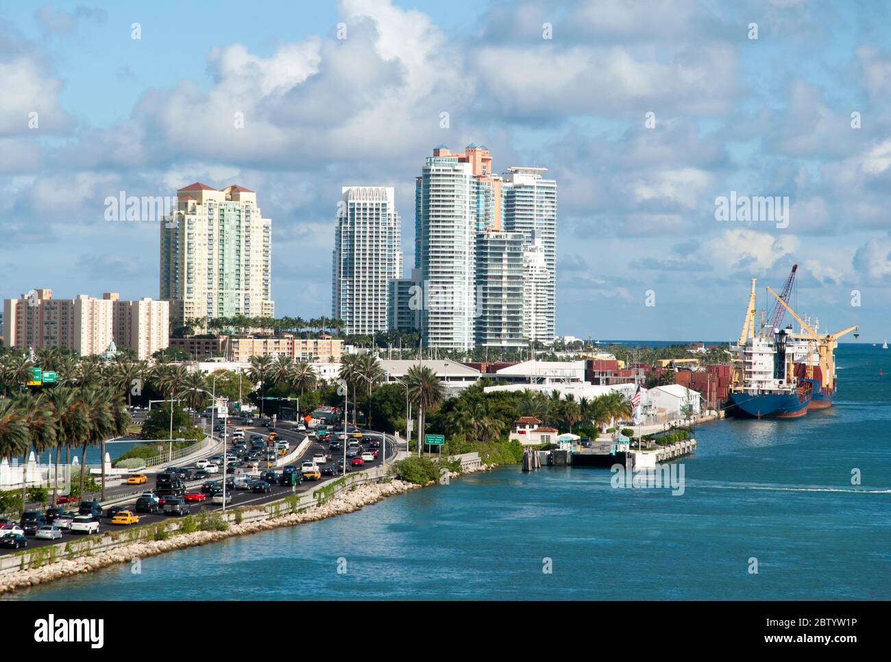 The view of Main Channel, busy MacArthur Causeway traffic and Miami ...