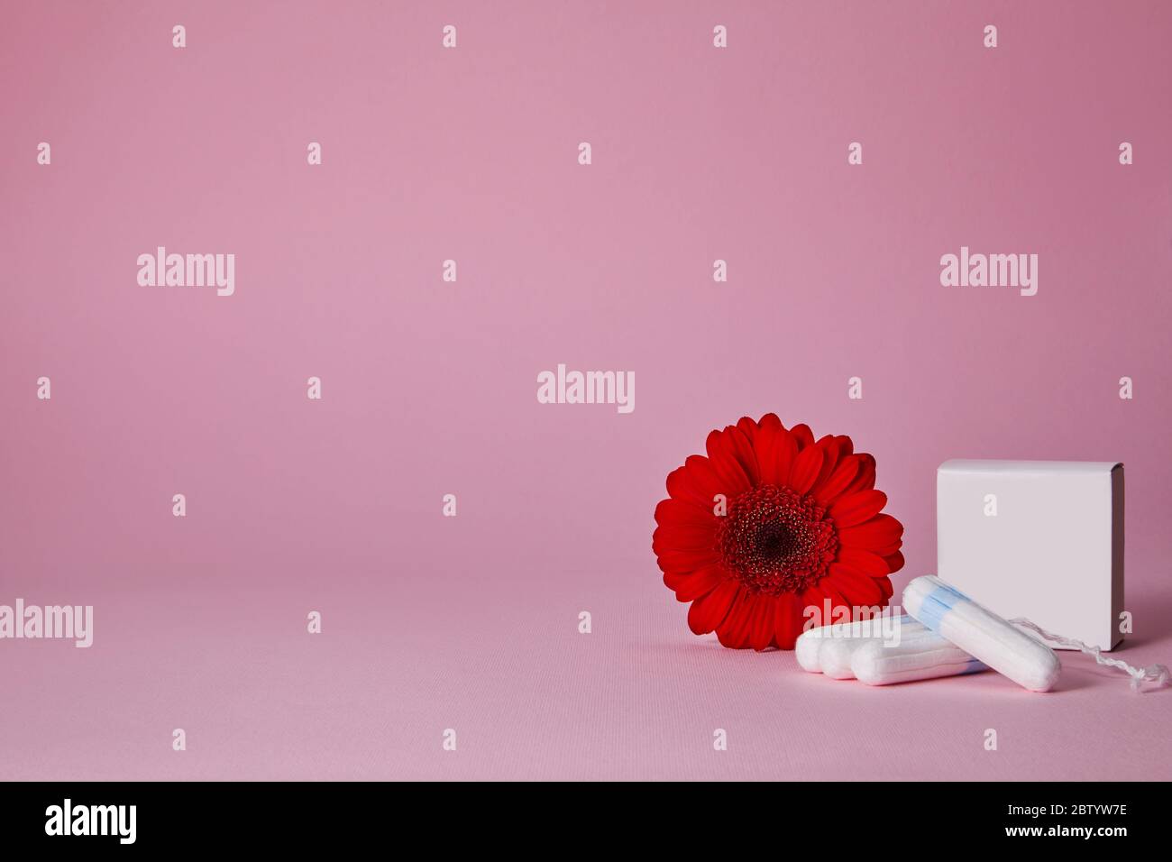 menstrual sanitary cotton tampons, box for tampons and red flower on ...