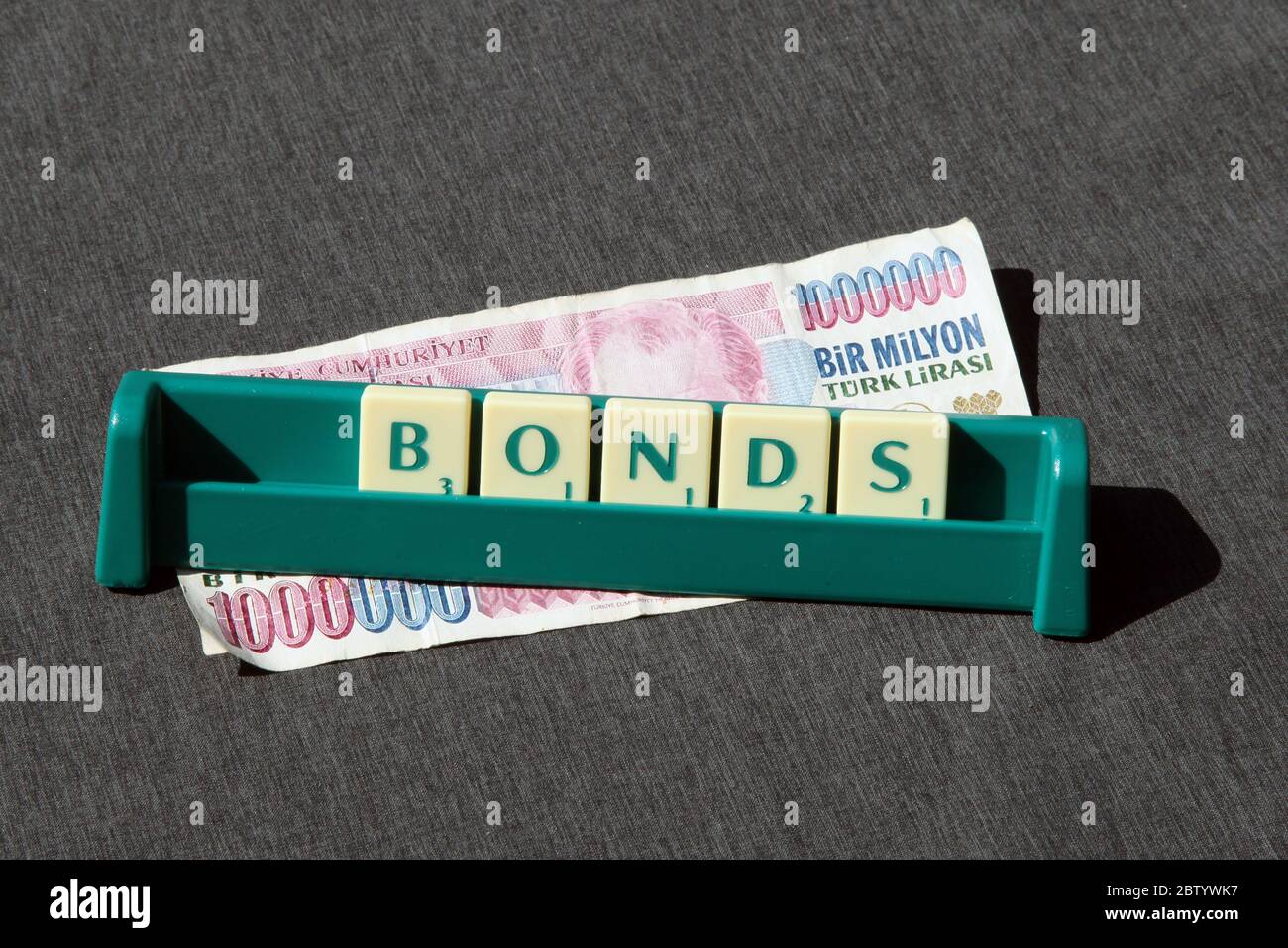 Turkish Lira Bonds spelt in scrabble letters, 1 million lira note, 1 ...