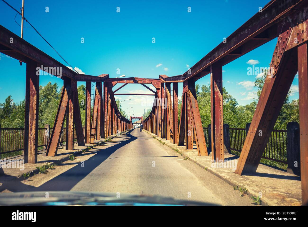 Road bridge. View from the windscreen. Bridge over the Tisza River ...