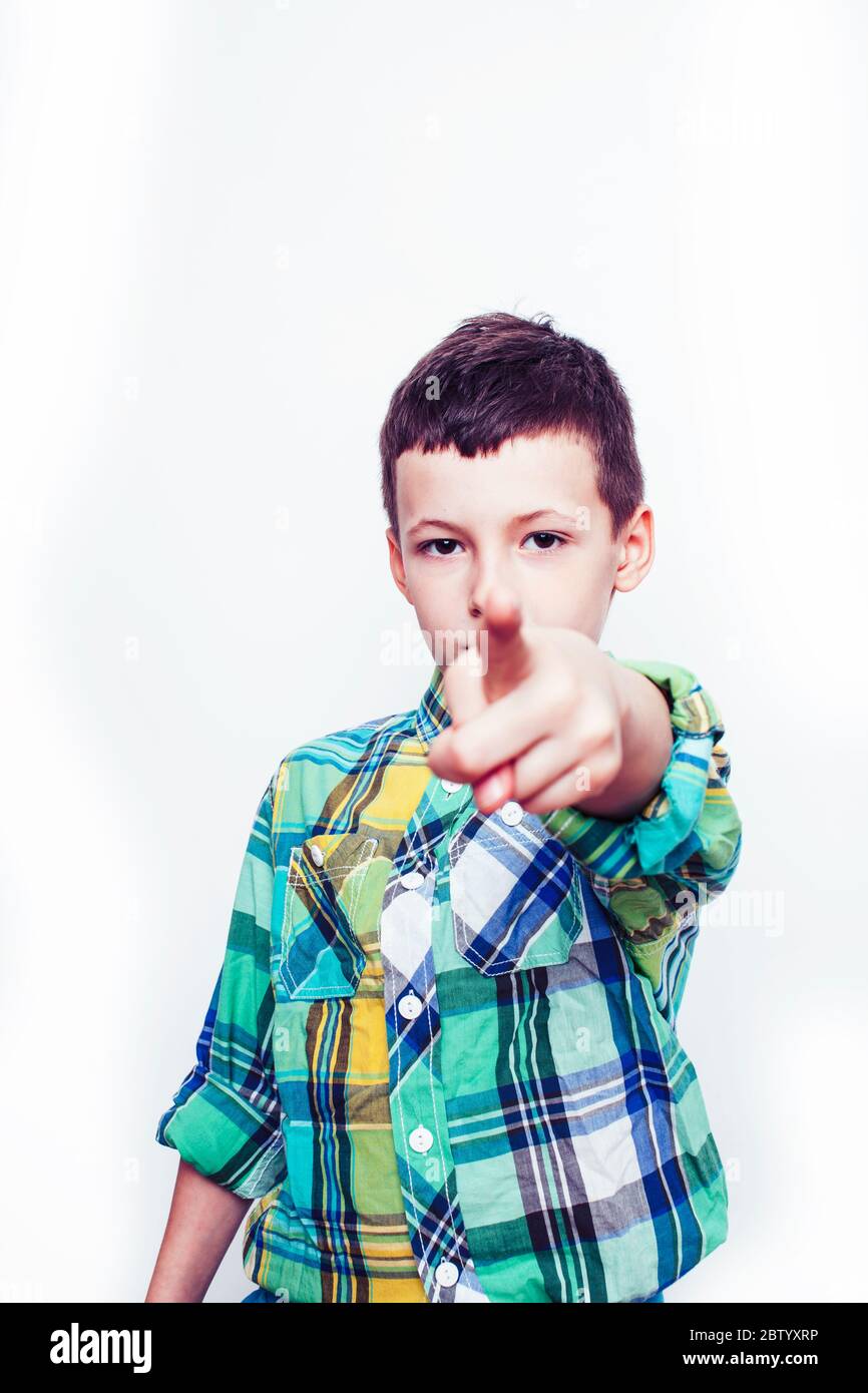 little cute real boy on white background gesture smiling close up ...
