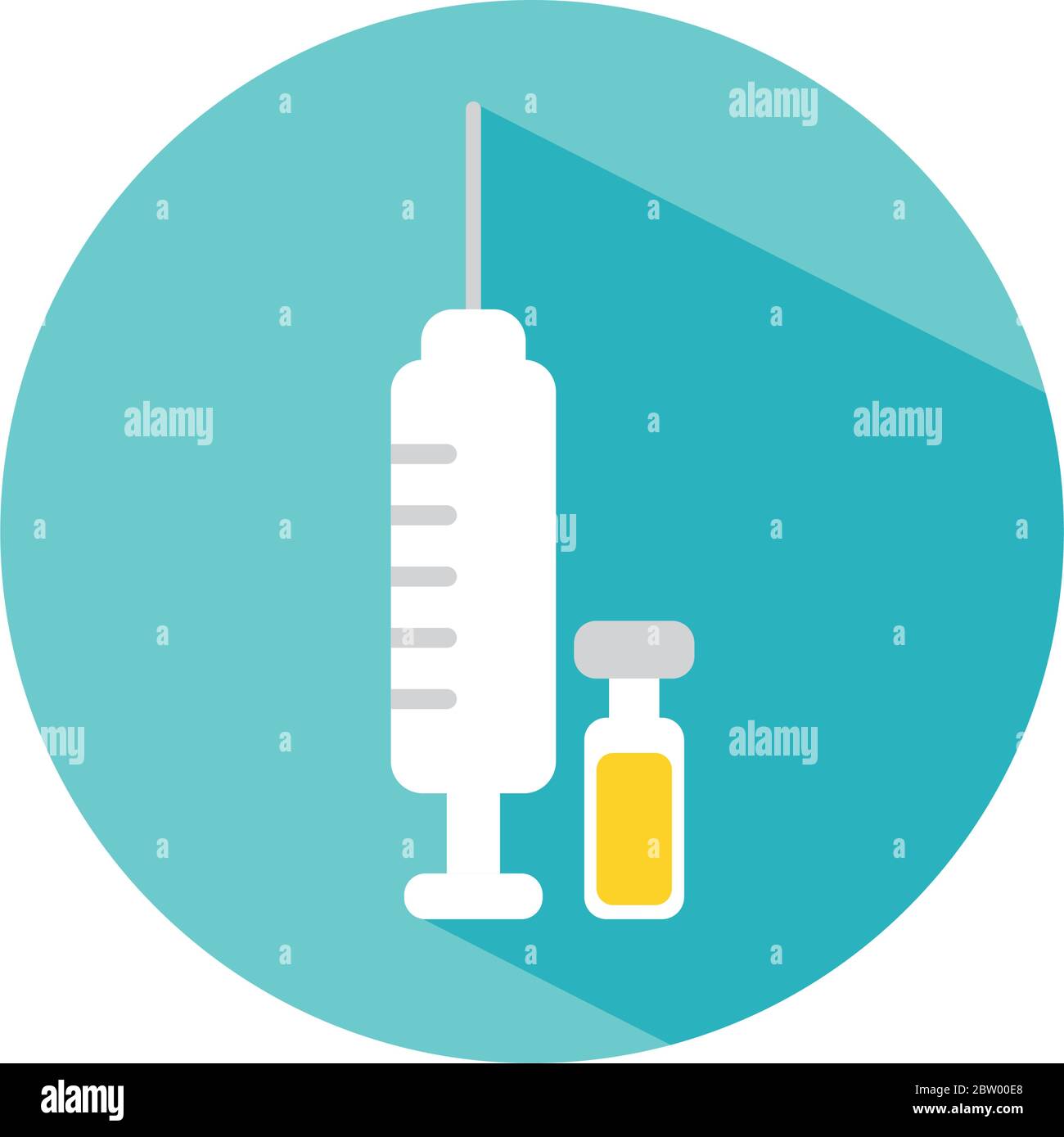 syringe and medication bottle icon over white background, block style ...