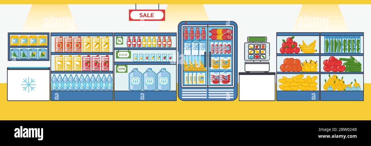 Supermarket with fruits, vegetables, drinks, sausages and other ...