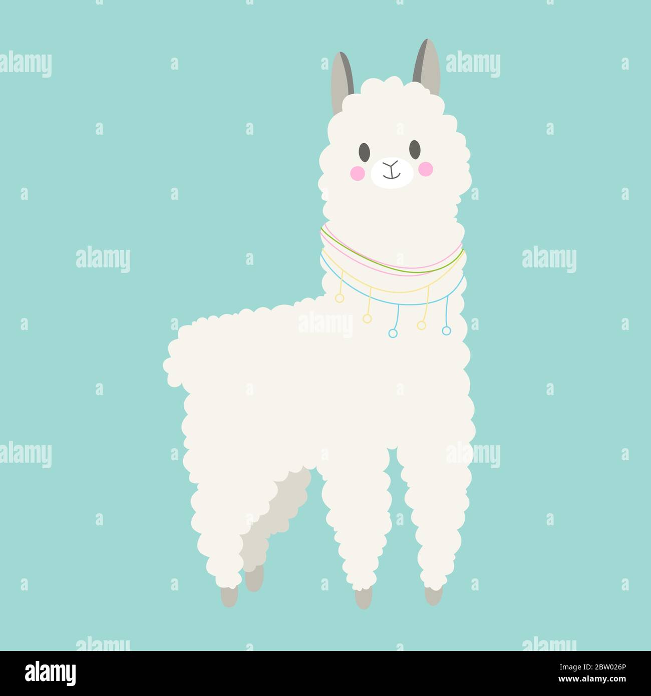Cute standing lama on the turquoise background. Vector illustration in ...