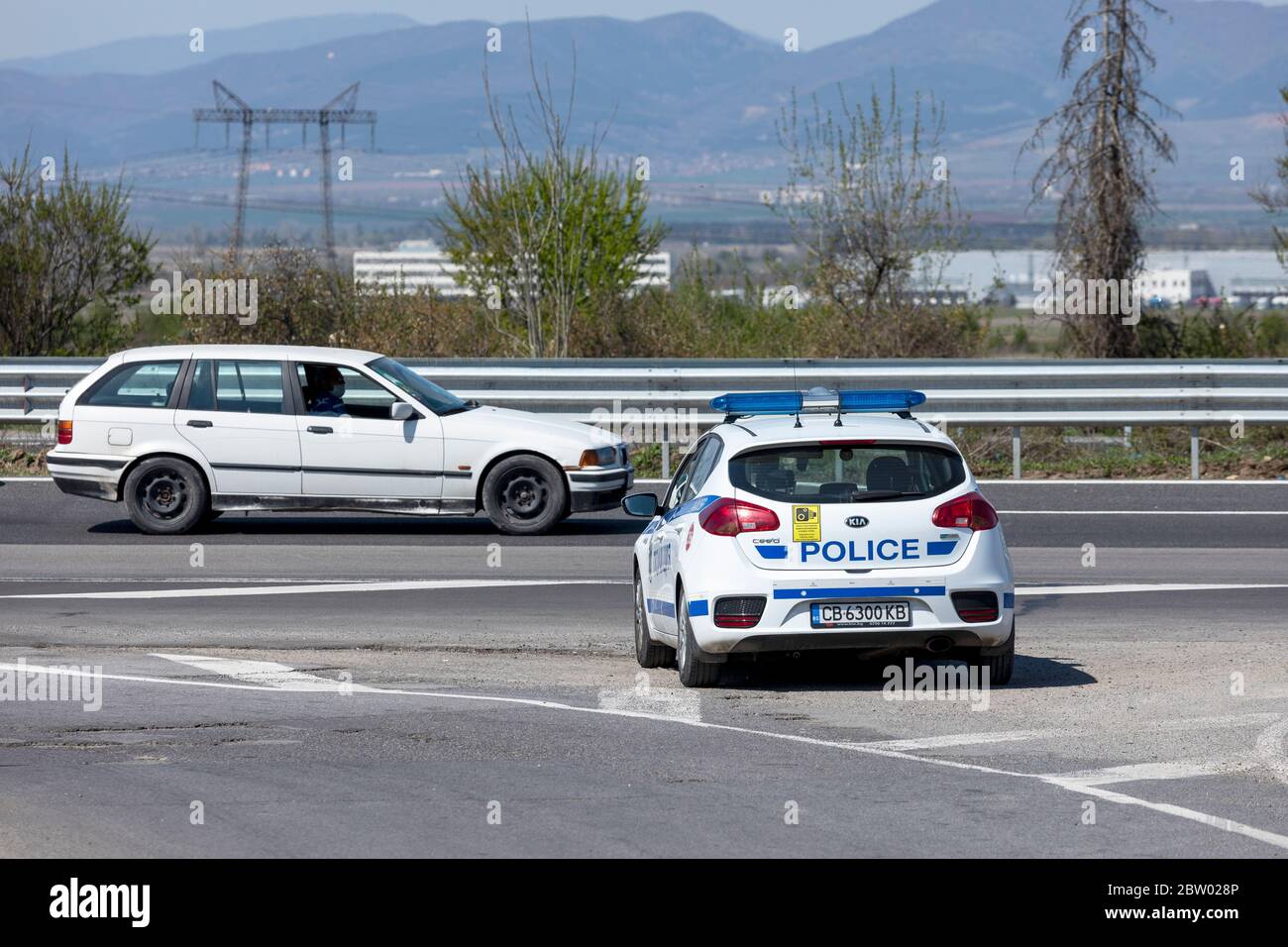 Police on the road, the Bulgarian police patrol controls the flow of ...