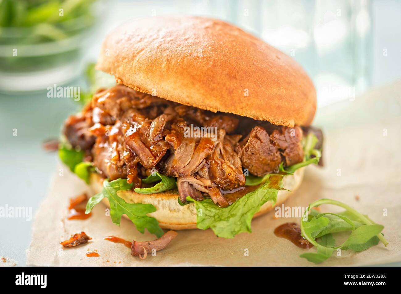 Pulled pork buns with salad lettuce Stock Photo - Alamy