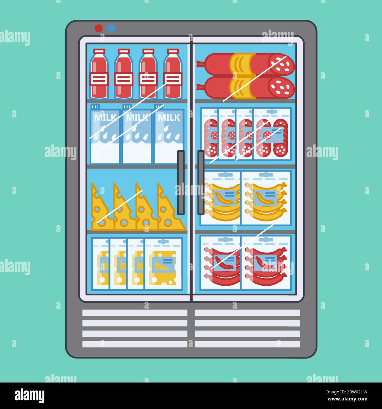 Supermarket refrigerator with variety of products. Juice, milk, sausage ...