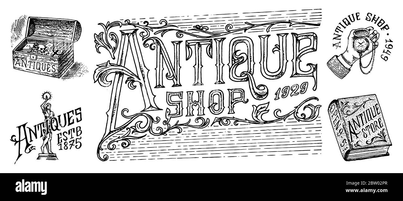 Antique shop labels or badges. Vintage pocket watch, book and phrase ...