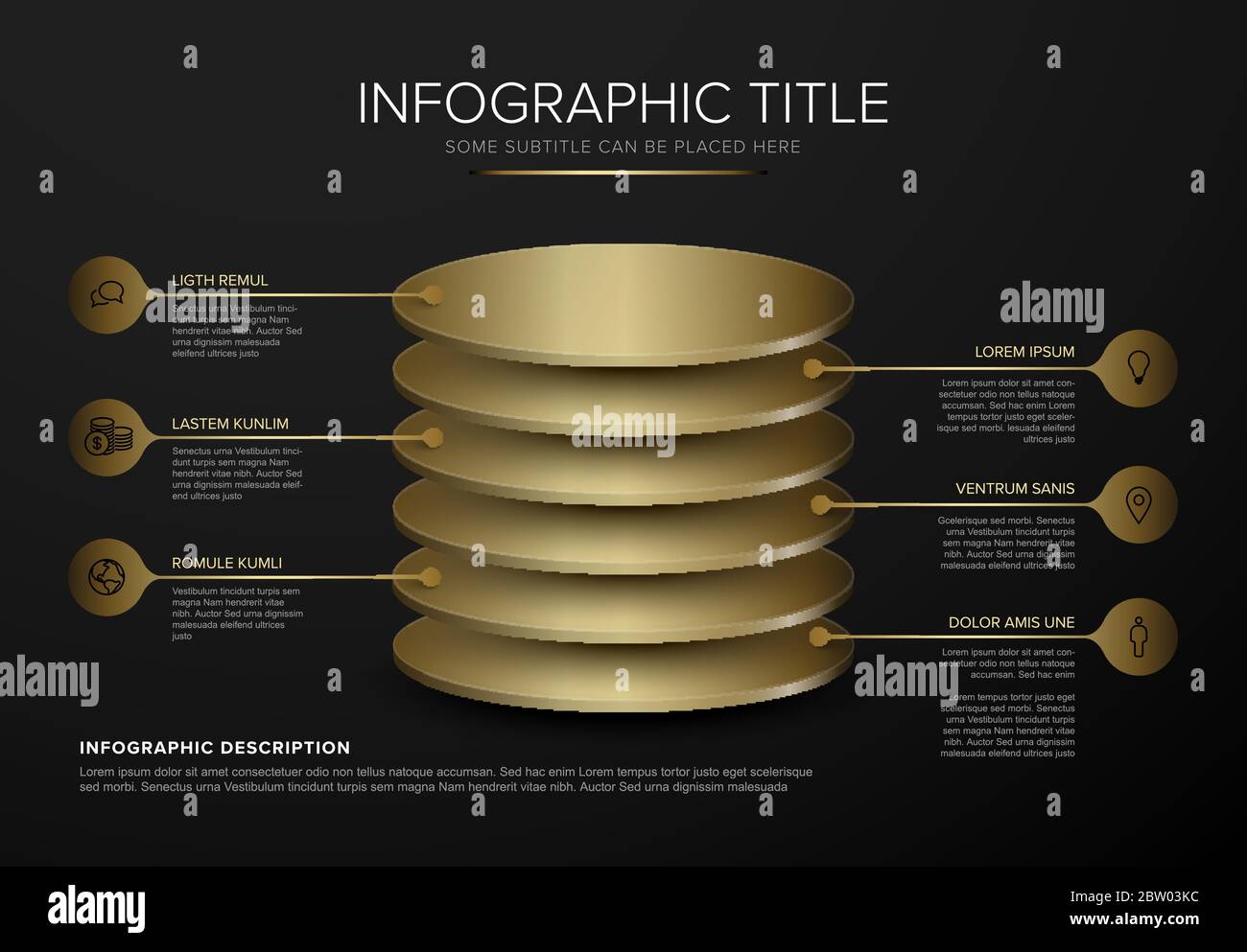 Vector Infographic circle layers template with six golden coins and ...