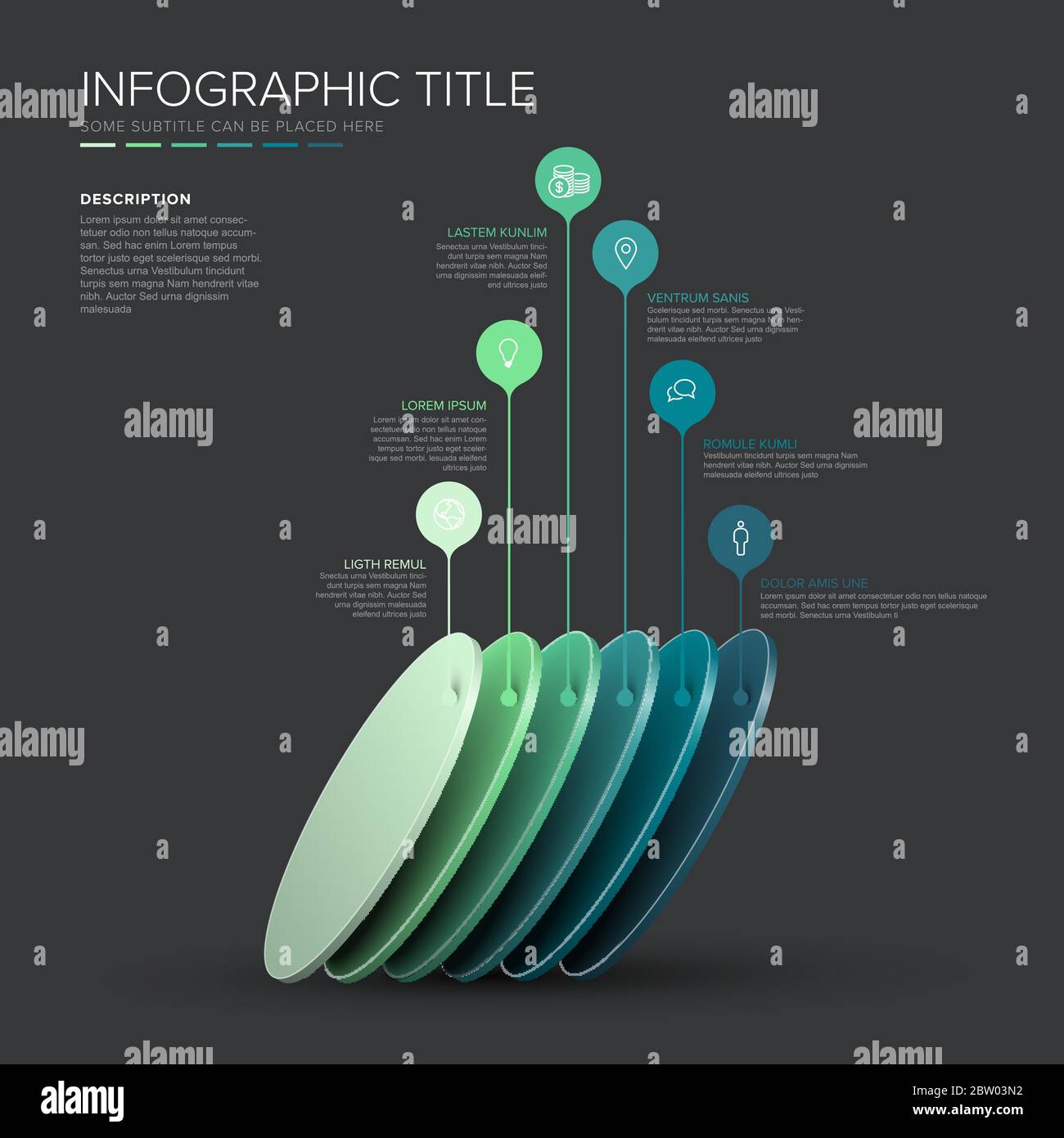 Vector Infographic diagonal circle layers template with six level desks ...
