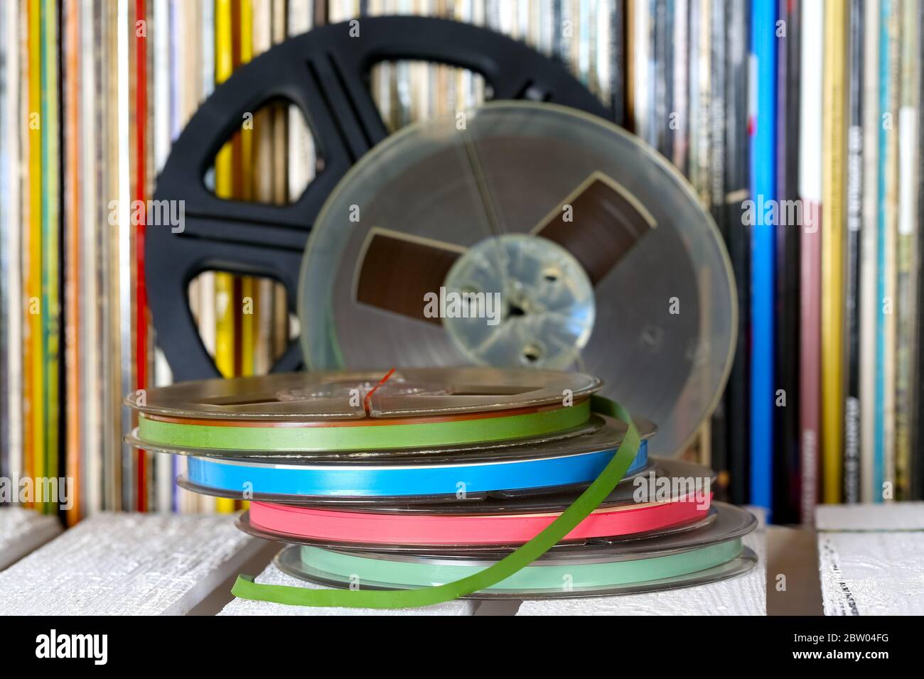 Audio media set, in this case recordable tapes and vinyl records Stock ...