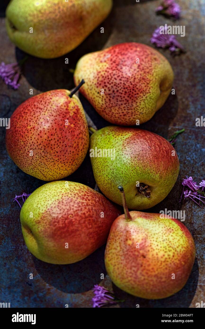 Red and green pears with violet flows, dark background Stock Photo - Alamy