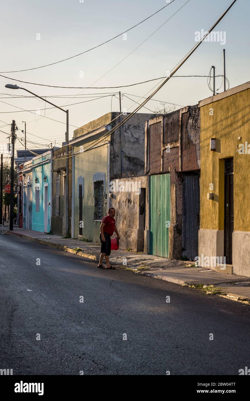 Man in a street in the residential city centre, Merida, Yucatan, Mexico ...