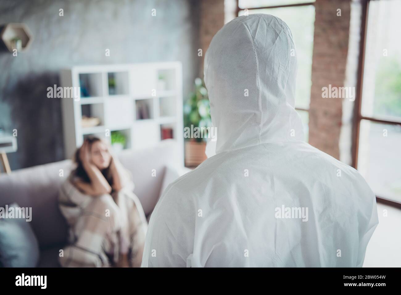 Photo of young ill patient lady lonely alone sit sofa sick look wait ...