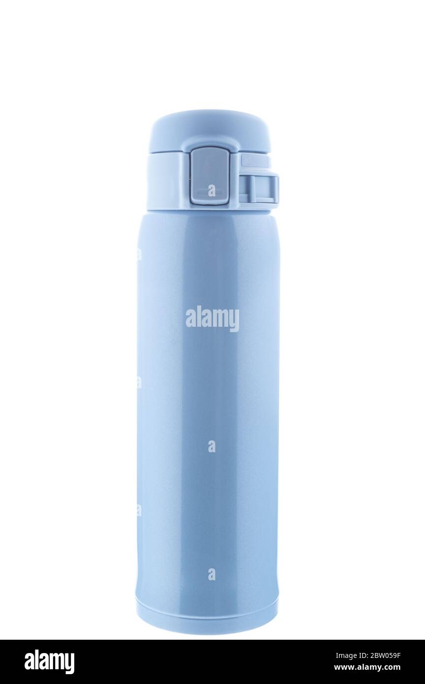 Gently blue thermos for drinks. Thermos for city walks. Vertical frame ...