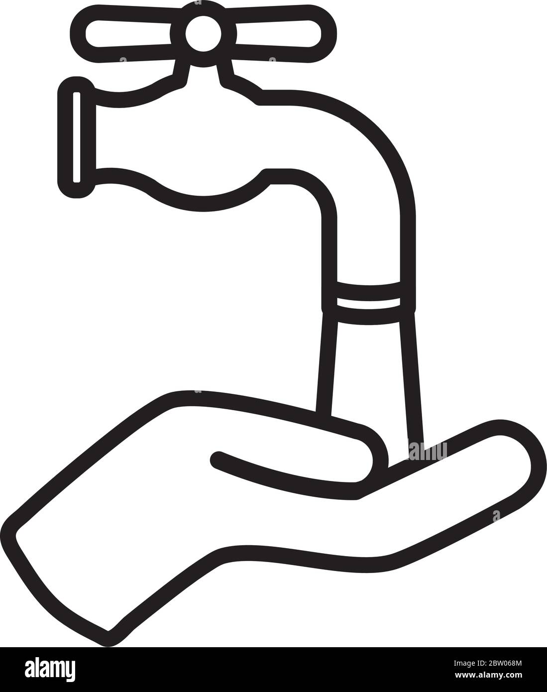 hand and water faucet icon over white background, line style, vector ...