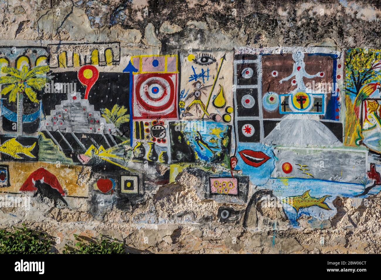 Colourful wall covered with street art, Merida, Yucatan, Mexico Stock ...