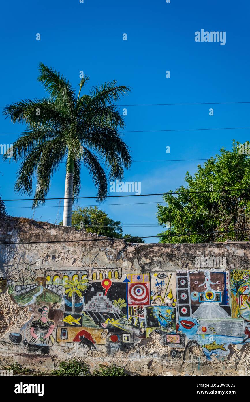 Colourful wall covered with street art, Merida, Yucatan, Mexico Stock ...