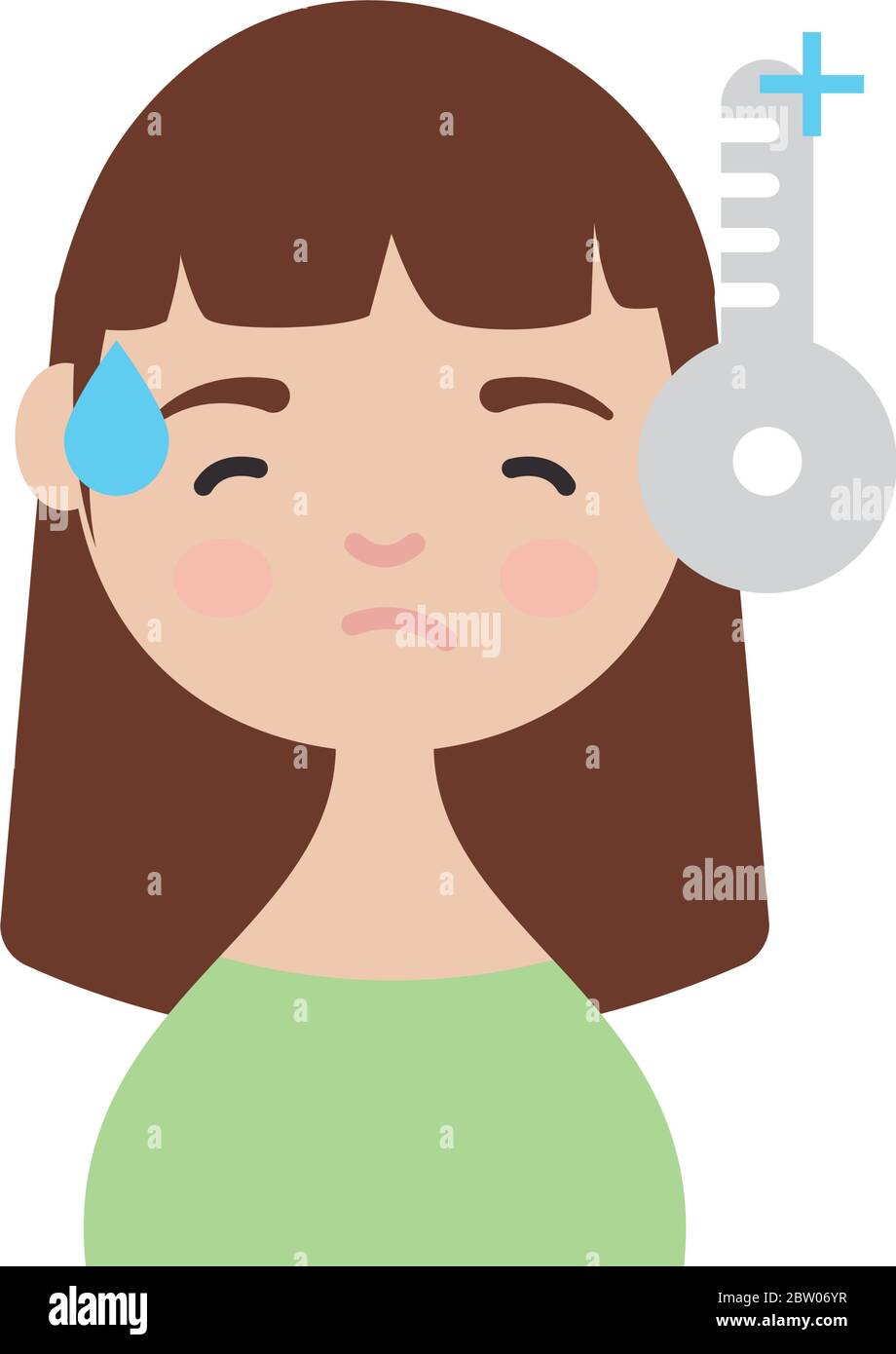 cartoon woman with fever icon over white background, flat style, vector ...