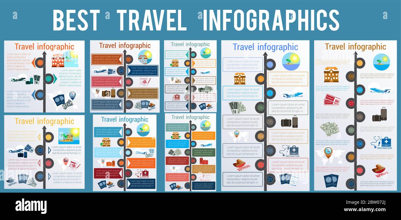 Tourism and travel concept infographic. Set templates for 3 4 5 6 7 8 9 ...