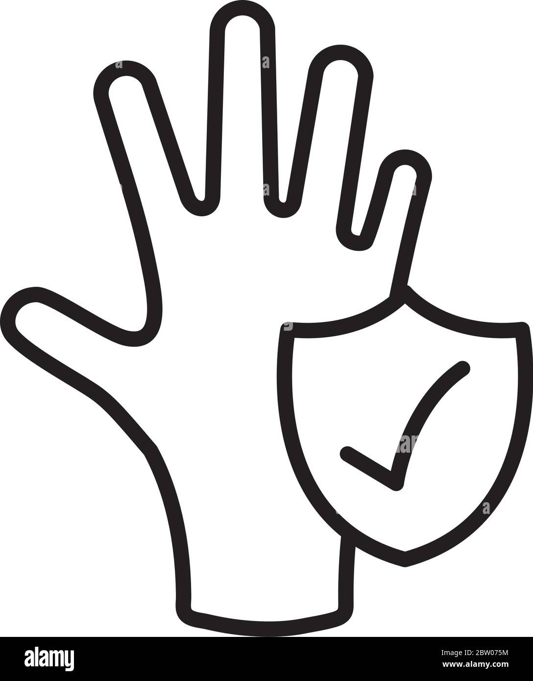 clean hand and shield with check mark icon over white background, line ...