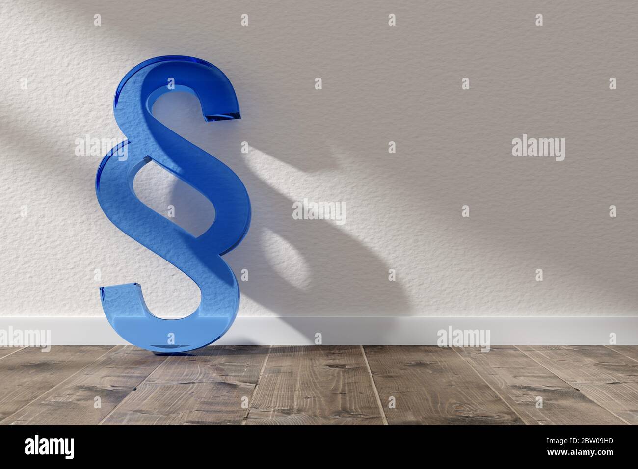 Blue glass section sign on room background with wooden floor, law ...