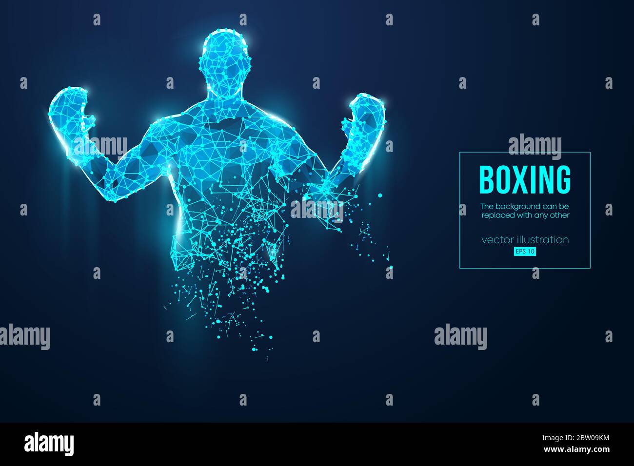 Abstract silhouette of a wireframe boxer fighter with boxing gloves on ...