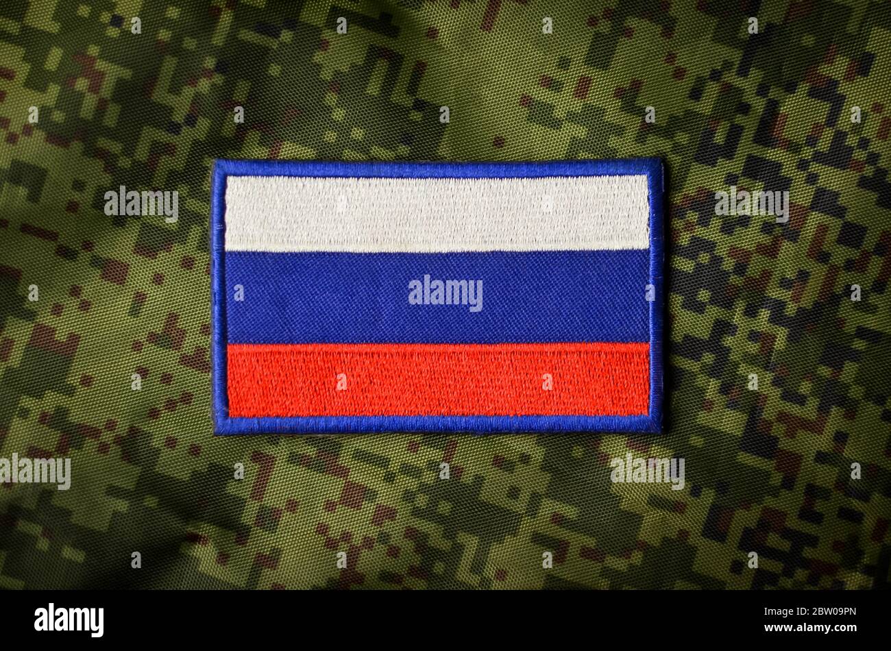 Russian national flag, military chevron on camouflage background Stock ...