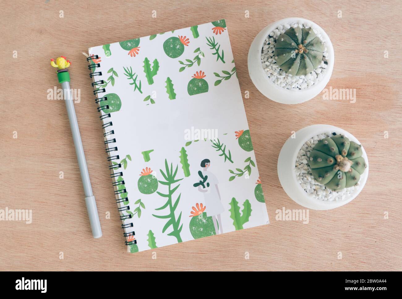 Top view of a Notebook Study and care cactus on wood table in cactus ...