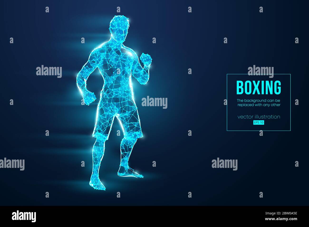 Abstract silhouette of a wireframe boxer fighter with boxing gloves on ...