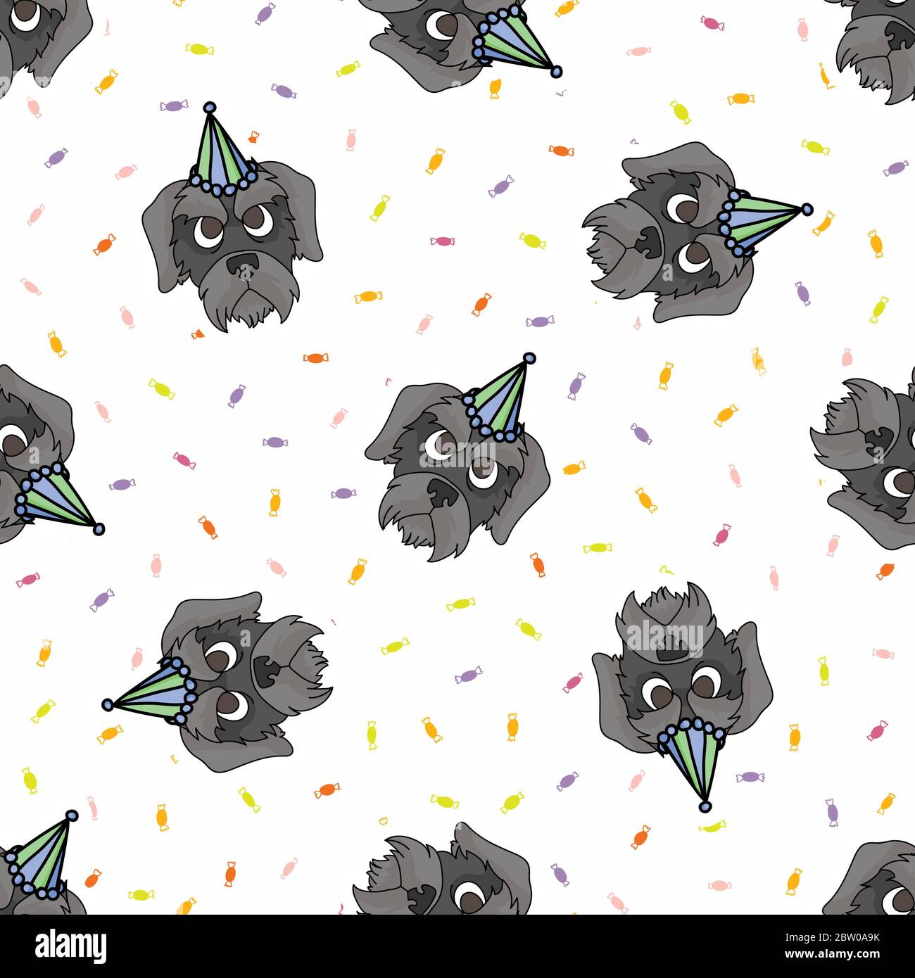 Hand drawn cute schnauzer puppy face with party hat seamless vector ...