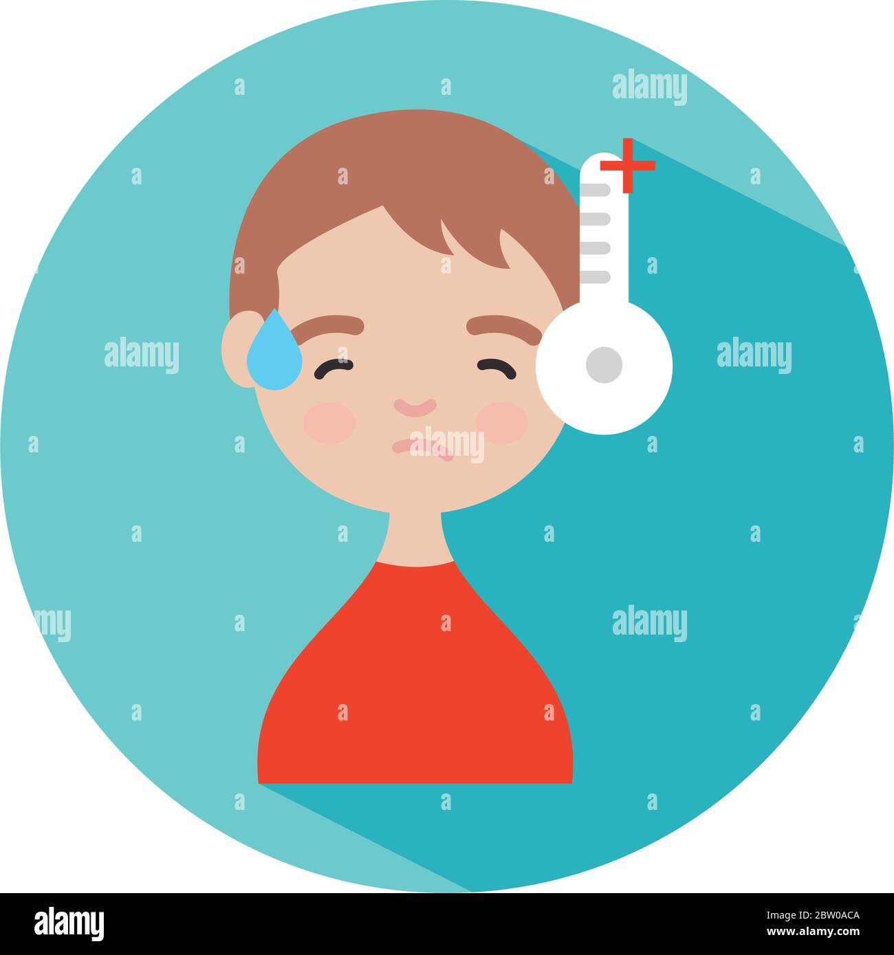 cartoon man with fever icon over white background, block style, vector ...