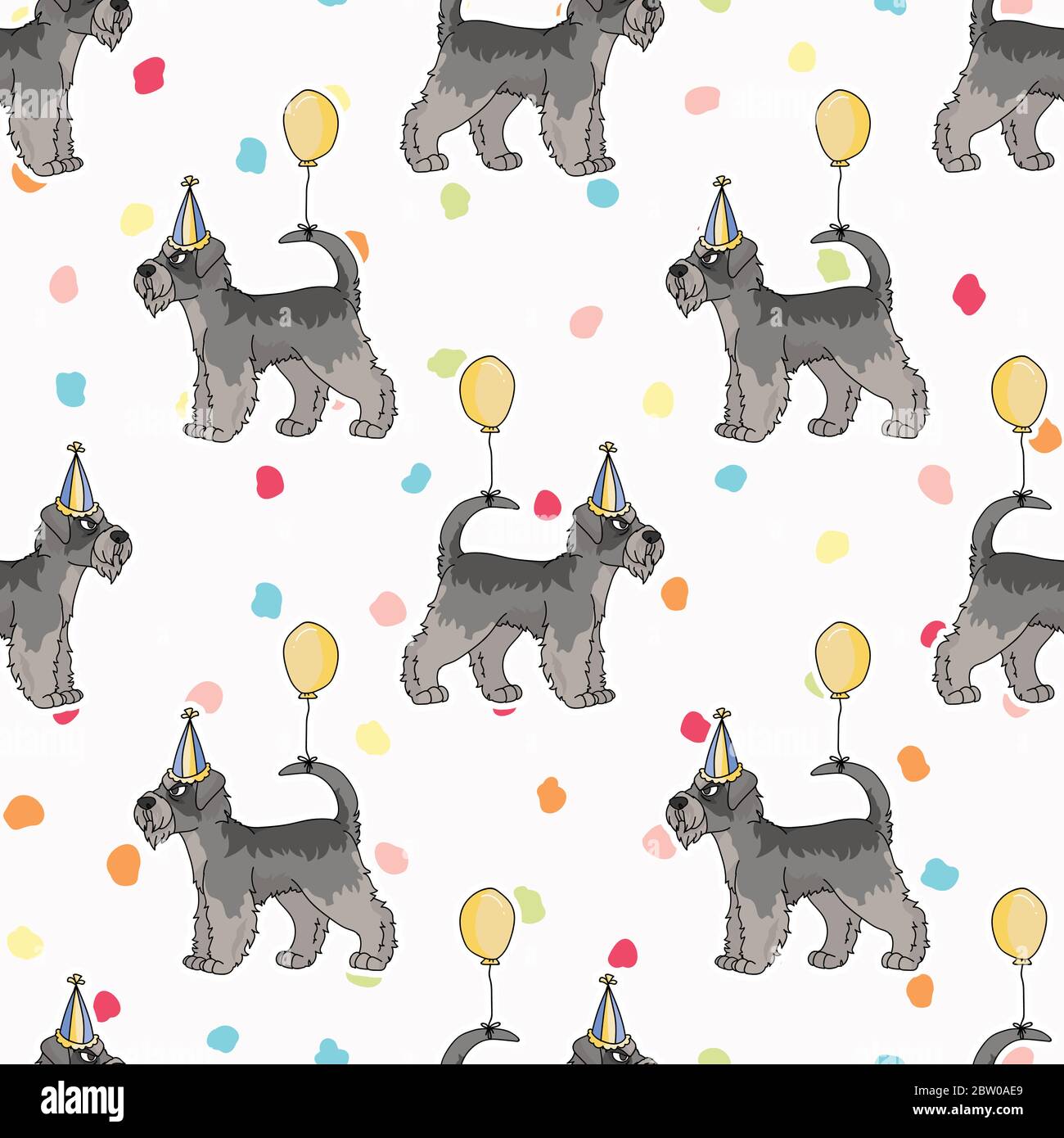 Hand drawn cute schnauzer breed dog with party hat seamless vector ...