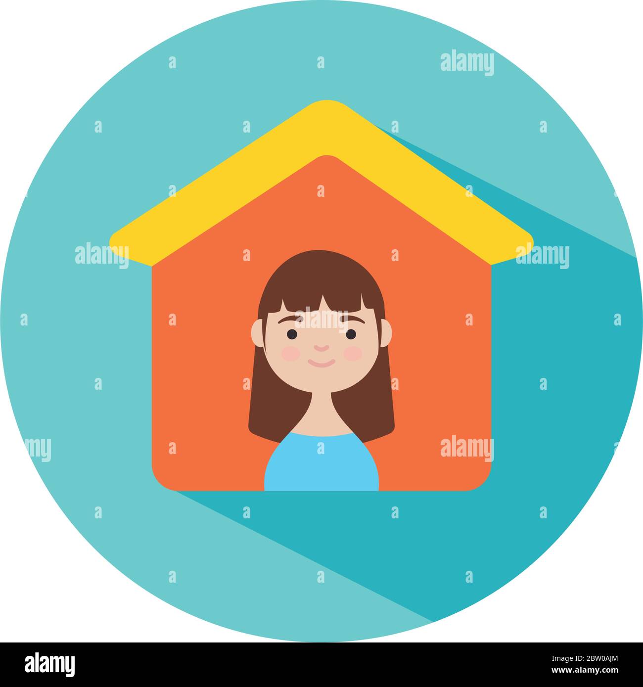 stay home concept, cartoon woman inside the house over white background ...